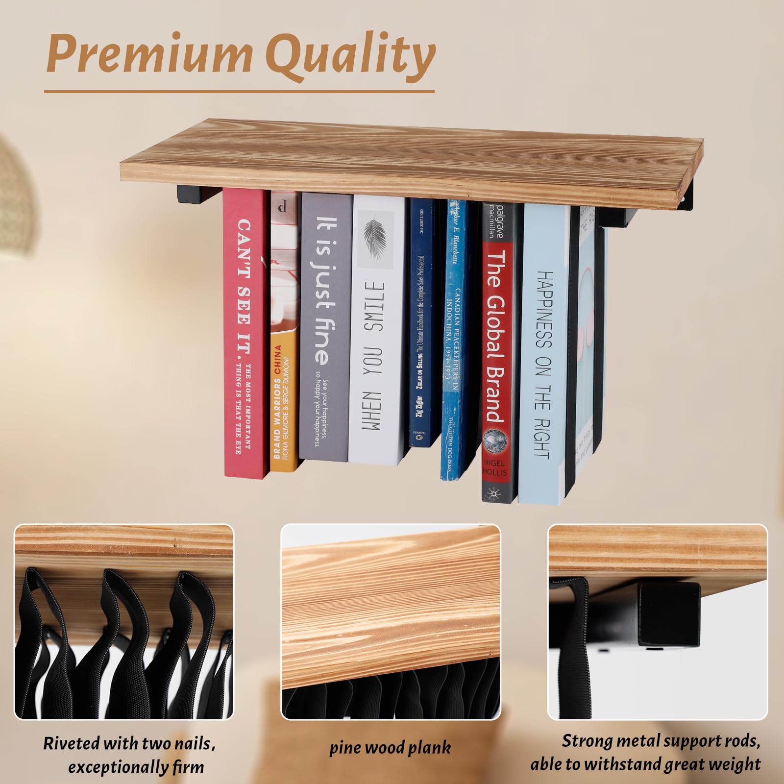 Floating Wooden Bookshelves for Wall, Elastic Bands Hanging Book Holder, Book Handmade Storage Organizer, Burlywood Bookshelf with Metal Brackets Wall Mount, 2-Pack