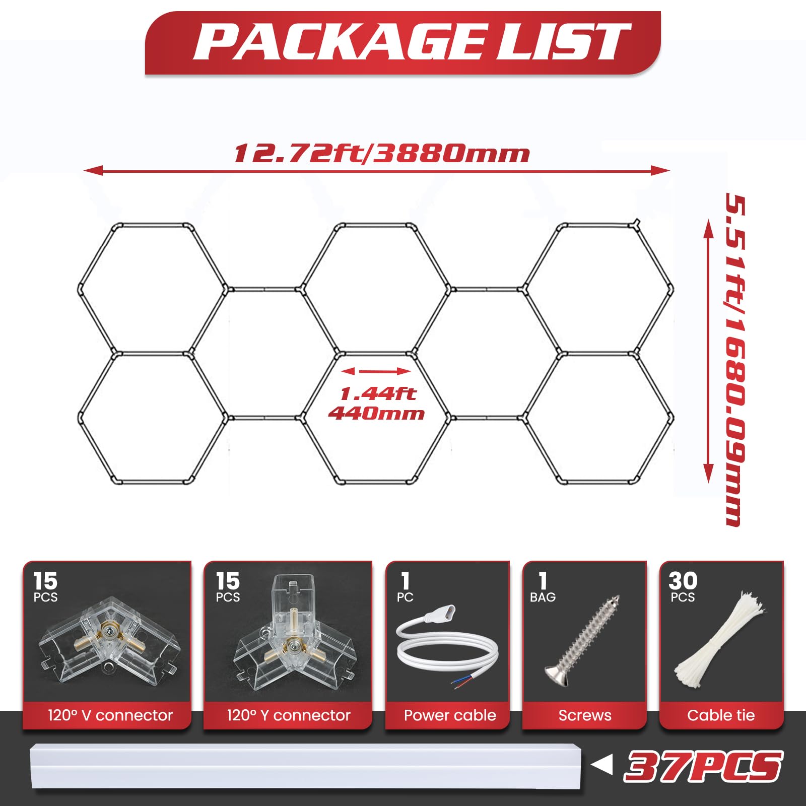 ALL4DETAIL Hexagon LED Garage Light, 8 Grid System 6500K Car Detailing Shop Light for Workshop Garage Basement Gym