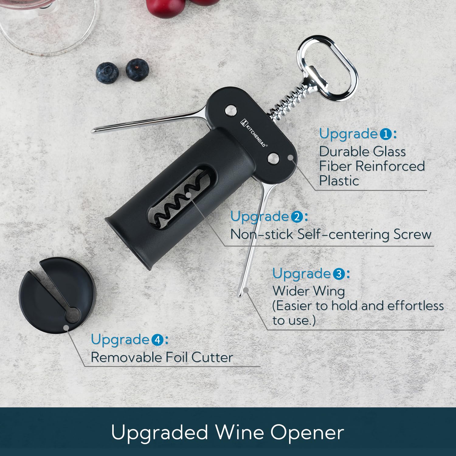 KITCHENDAO 3 in 1 Wing Corkscrew Wine Bottle Opener with Foil Cutter, Built-in Beer Bottle Opener, Multifunctional Wine Opener with Non-Stick Sharp Screw,Easy to Use, Manual Wine Corkscrew，Black