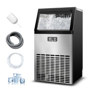 erivess 120 lbs/24h commercial ice maker,48 cubes/11mins, 33 lbs ice storage capacity, counter ice maker self cleaning, 24 hour timer stainless steel freestanding ice maker machine (120lbs/day)