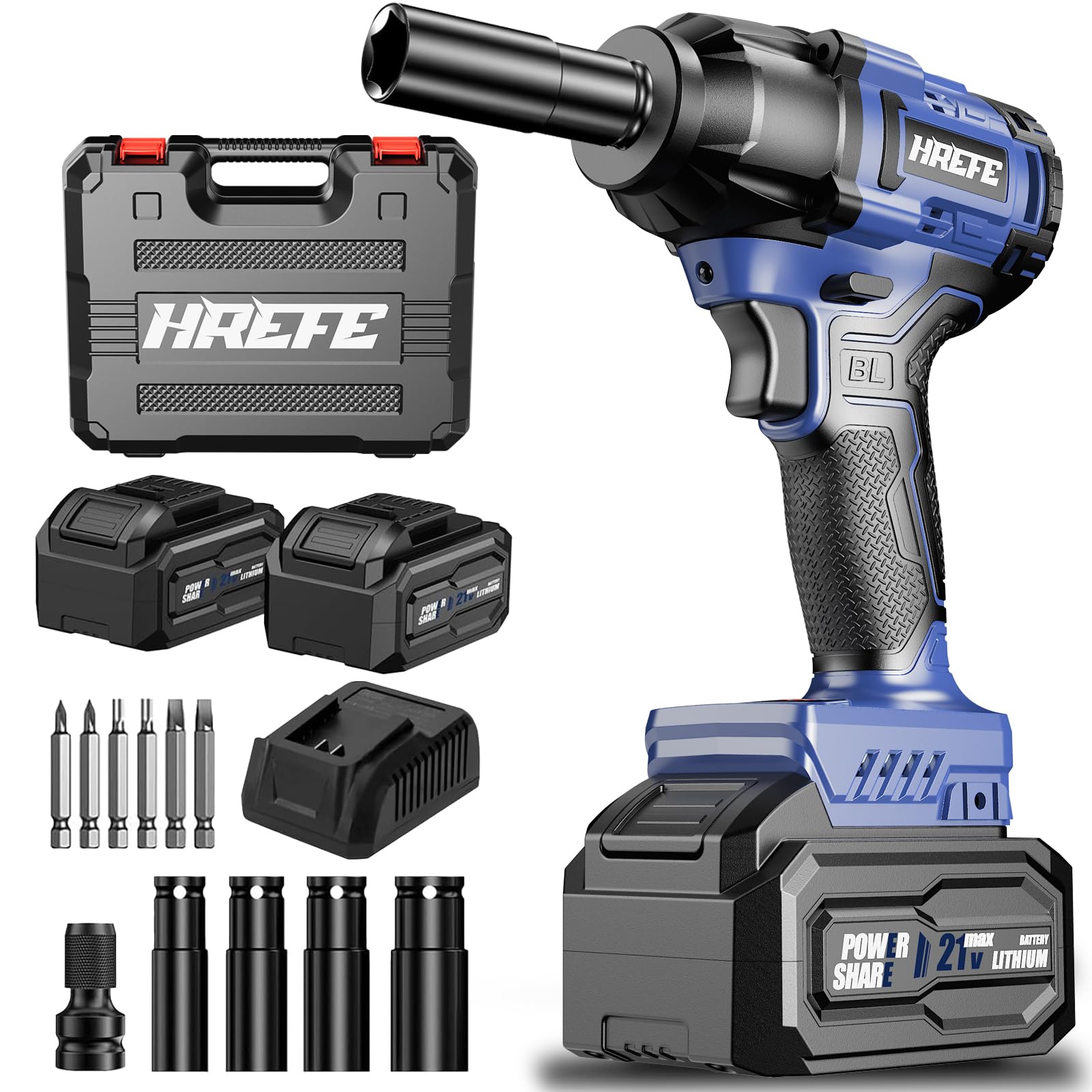 HreFe Cordless Impact Wrench 1/2 inch, 405Ft-lbs (550N.m) Power Impact Drill Set or Tools, 3200RPM High Torque Impact Driver, 2 x 4.0Ah Battery, 4 Sockets, Charger, Electric Impact Gun for Lug Nut