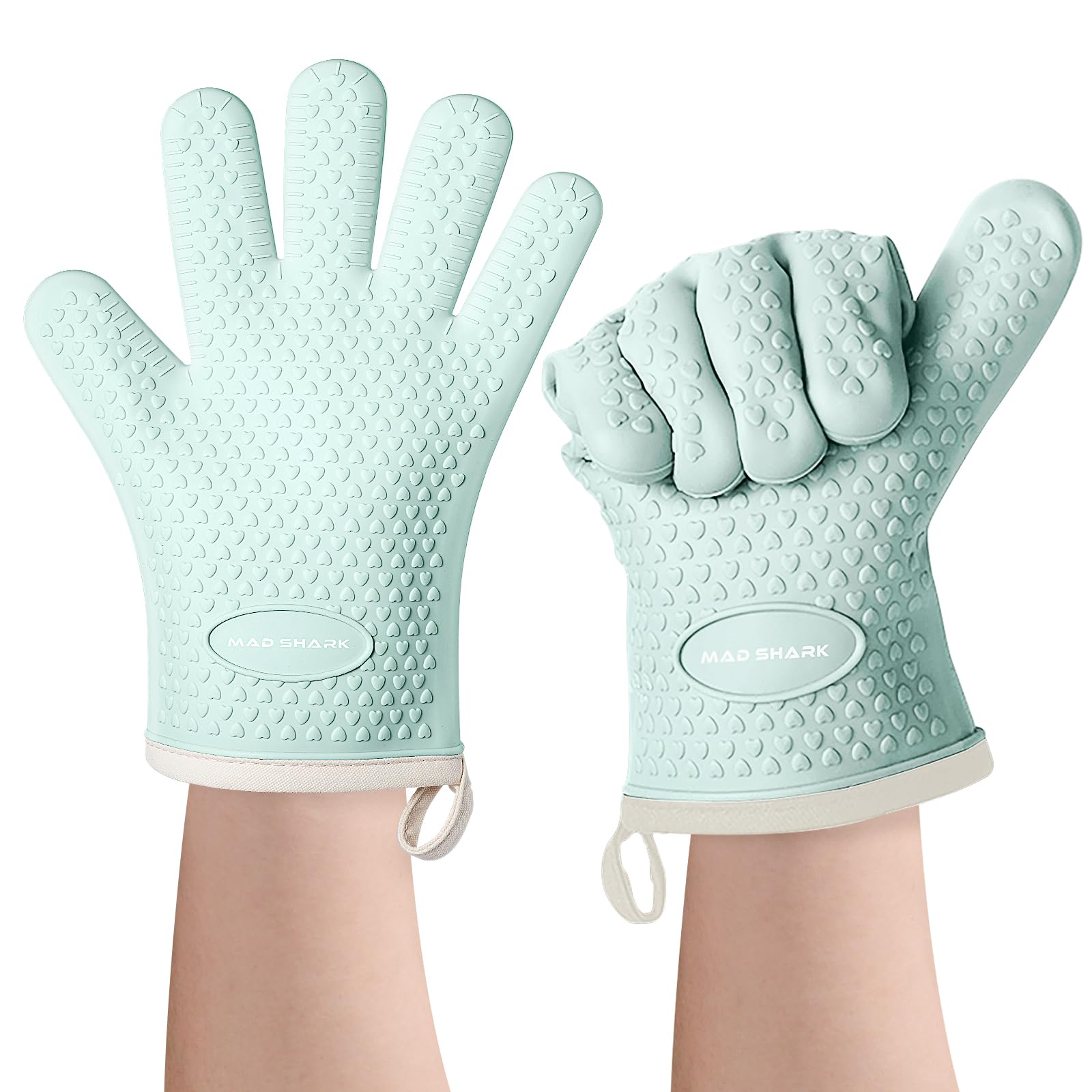 MAD SHARK Silicone Oven Mitts Heat Resistant 450 Degrees with Waterproof & Non-Slip Oven Gloves with Fingers, Silicone Oven Gloves Kitchen Mittens for Baking Cooking Barbecue (Green)