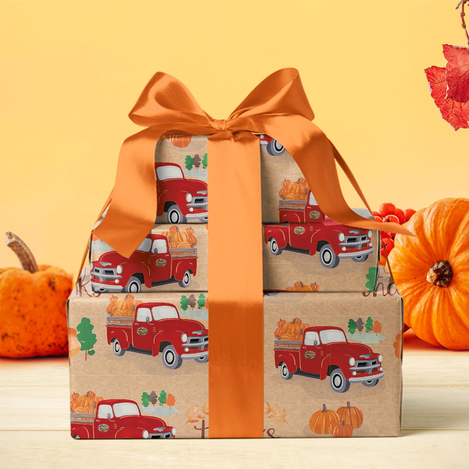 WRAPAHOLIC Kraft Thanksgiving Wrapping Paper Roll - Mini Roll - 17 Inch x 33 Feet - Car Pumpkins and Give Thanks Lettering Design, Perfect for Thanksgiving, Autumn, Party, Holiday