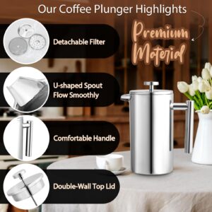 12oz French Press Coffee Maker, 350ml Stainless Steel Double Insulated Cafetiere 3 Cup Espresso Coffee Press, Portable Coffee Plunger Pot for Home, Office, Camping