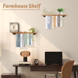 Floating Wooden Bookshelves for Wall, Elastic Bands Hanging Book Holder, Book Handmade Storage Organizer, Burlywood Bookshelf with Metal Brackets Wall Mount, 2-Pack