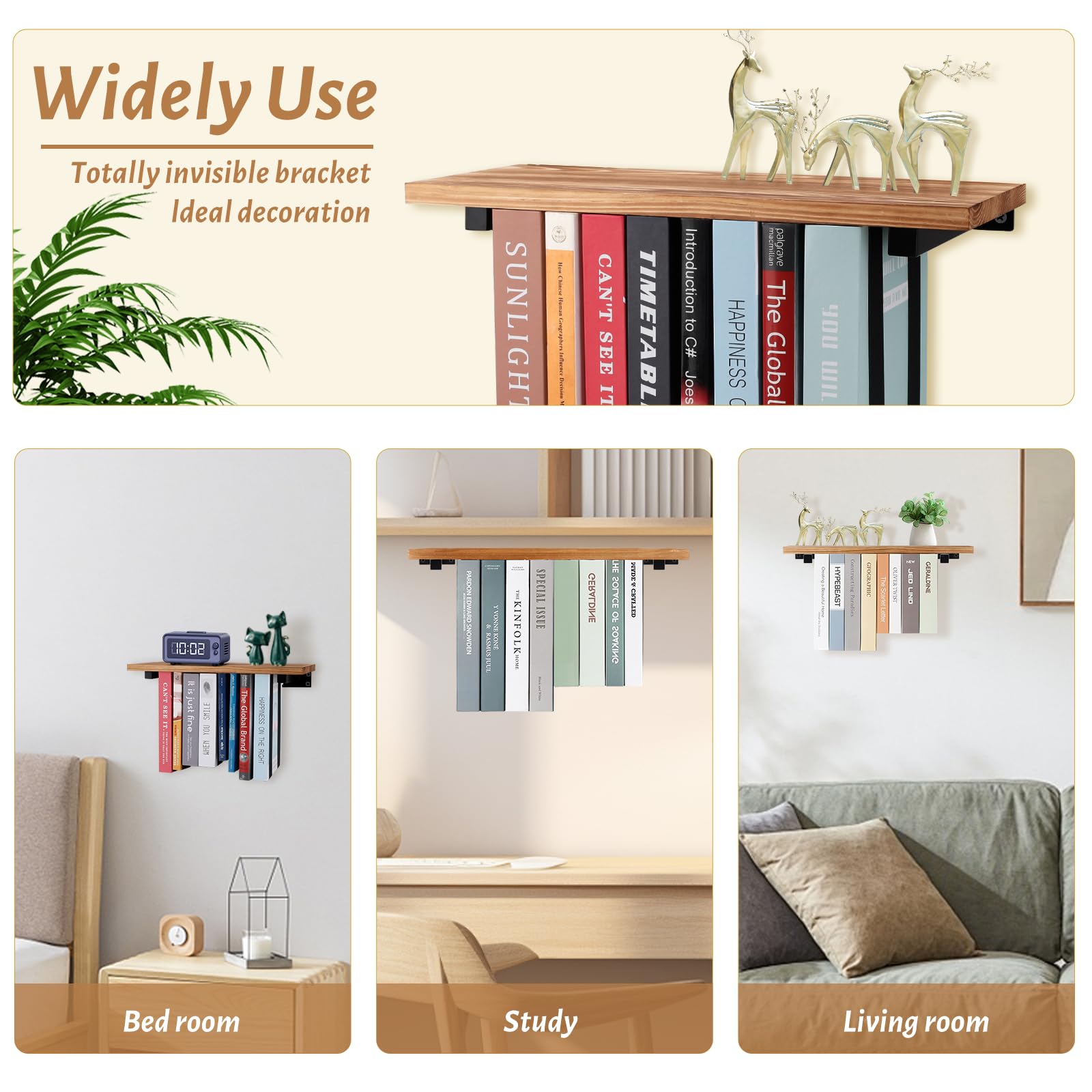 Floating Wooden Bookshelves for Wall, Elastic Bands Hanging Book Holder, Book Handmade Storage Organizer, Burlywood Bookshelf with Metal Brackets Wall Mount, 2-Pack