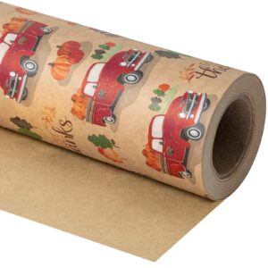 WRAPAHOLIC Kraft Thanksgiving Wrapping Paper Roll - Mini Roll - 17 Inch x 33 Feet - Car Pumpkins and Give Thanks Lettering Design, Perfect for Thanksgiving, Autumn, Party, Holiday