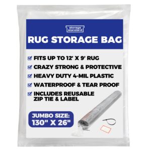 heavy duty rug storage bag - reusable rug shipping bag, waterproof plastic rug cover - fits rolled carpet up to 9 x 12 feet, 4 mil thick tear proof plastic storage bag - 1 clear bag, 130 x 26 inches