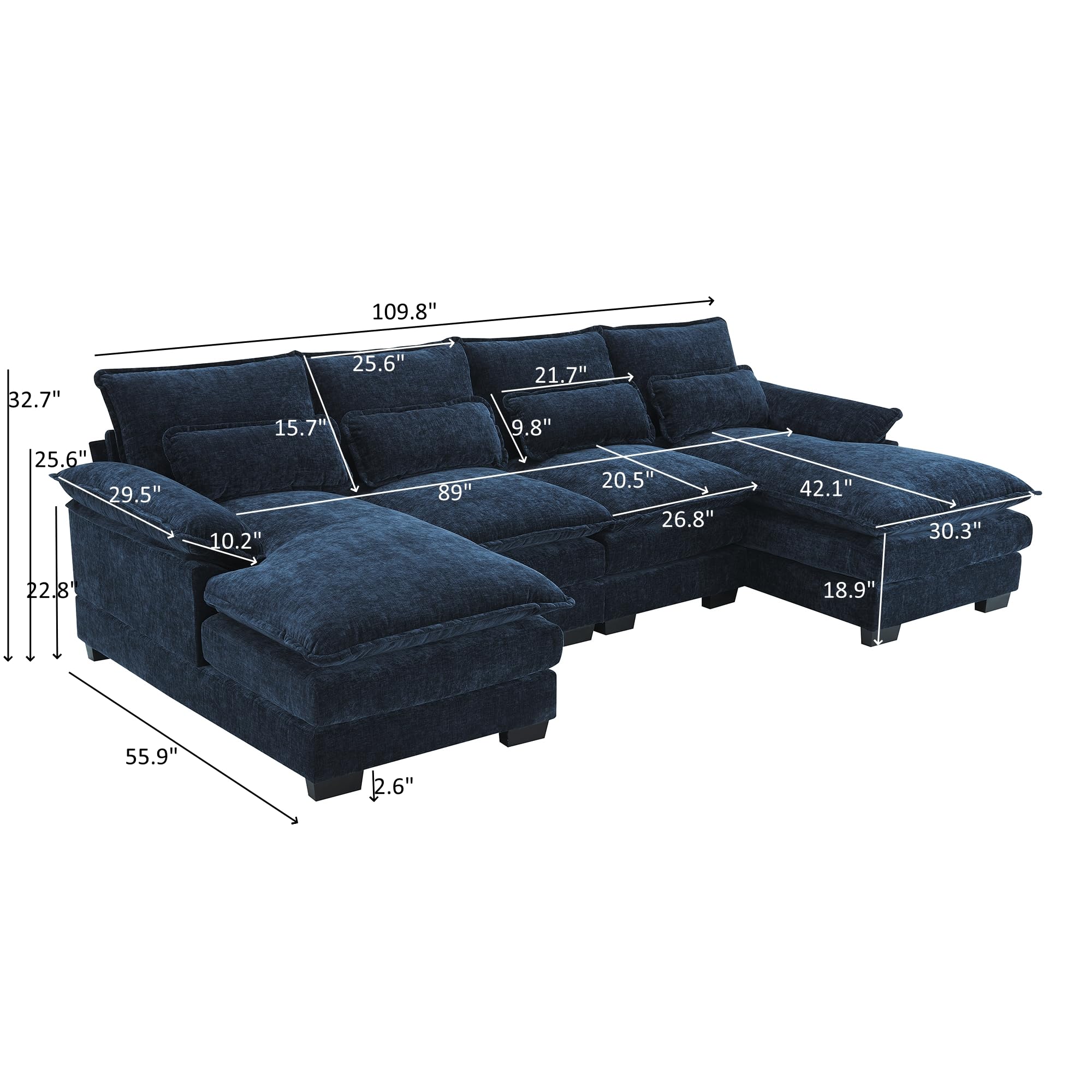 Tmsan 109.8" Sectional Sofa Cloud Couch for Living Room, Modern U Shaped Modular Sofa with Double Chaise Lounge, Large 4 Seater Chenille Sleeper Sofa for Apartment Office (Blue)