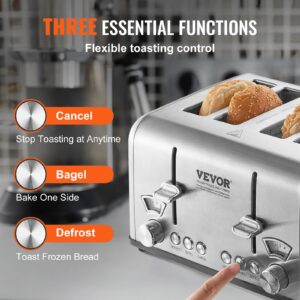 VEVOR Retro Stainless Steel Toaster, 4 Slice, 1625W 1.5'' Extra Wide Slots Toaster with Removable Crumb Tray 6 Browning Level, Reheat Cancel Defrost and Bagel Functions for Toasting Bread Bagel Waffle