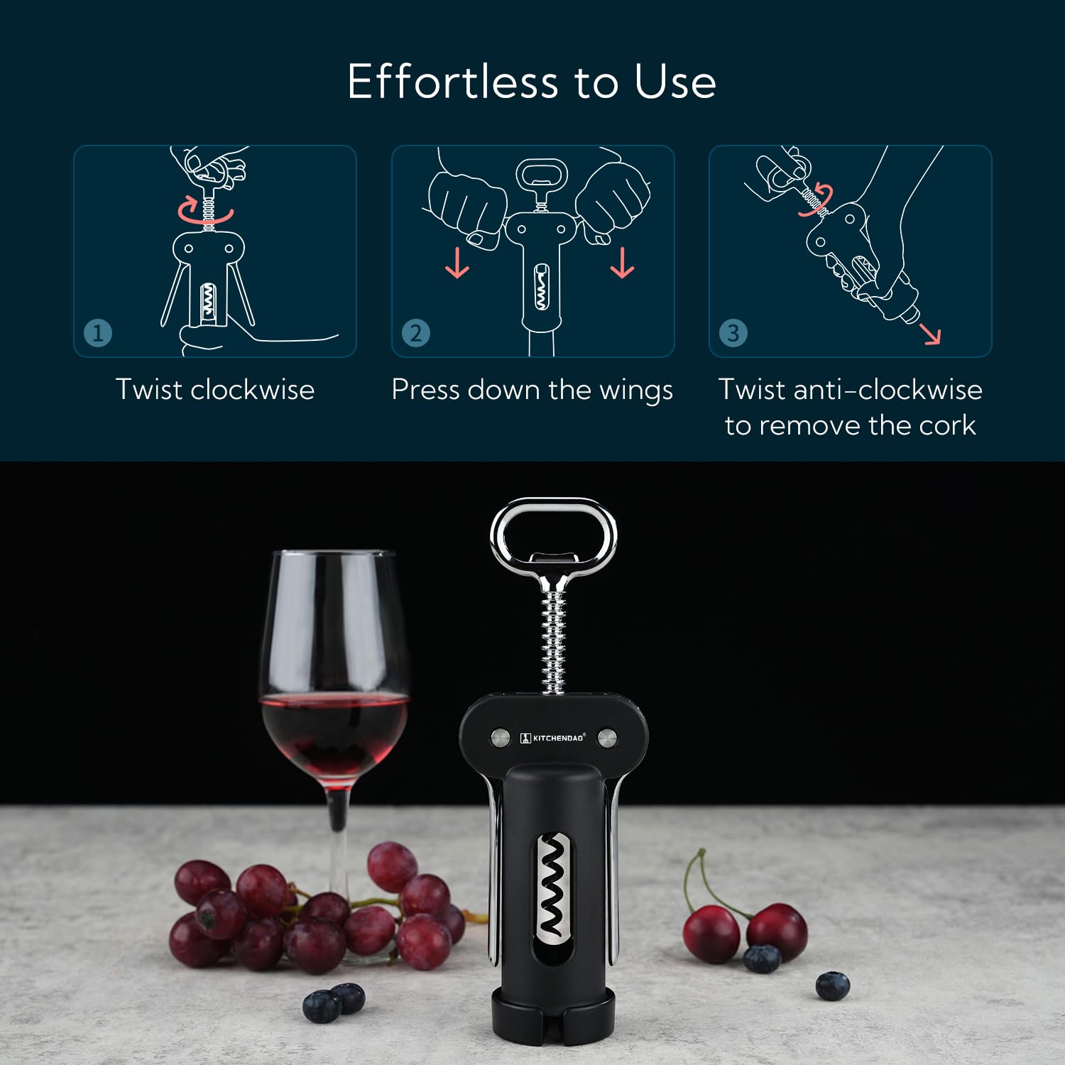 KITCHENDAO 3 in 1 Wing Corkscrew Wine Bottle Opener with Foil Cutter, Built-in Beer Bottle Opener, Multifunctional Wine Opener with Non-Stick Sharp Screw,Easy to Use, Manual Wine Corkscrew，Black