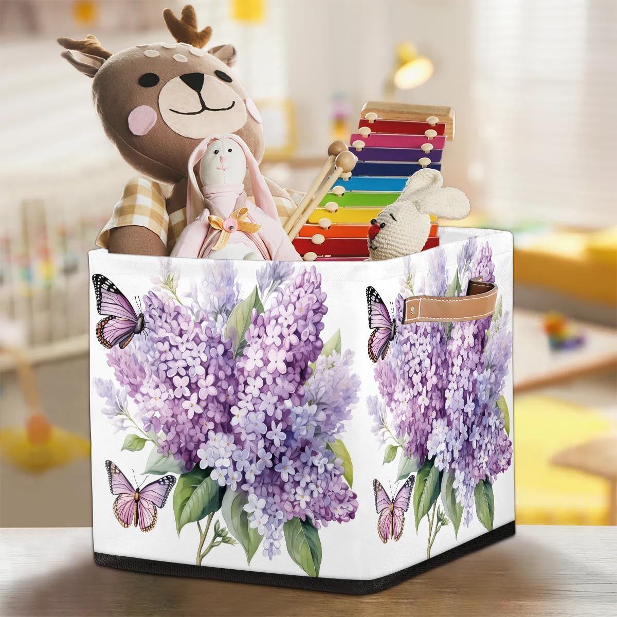 TULIMET Purple Hydrangea Butterfly 13 In Cube Storage Bin Fabric Storage Cubes Organizer with Handles, Foldable Decorative Cube Basket for Organizing, Clothes, Closet, Shelves