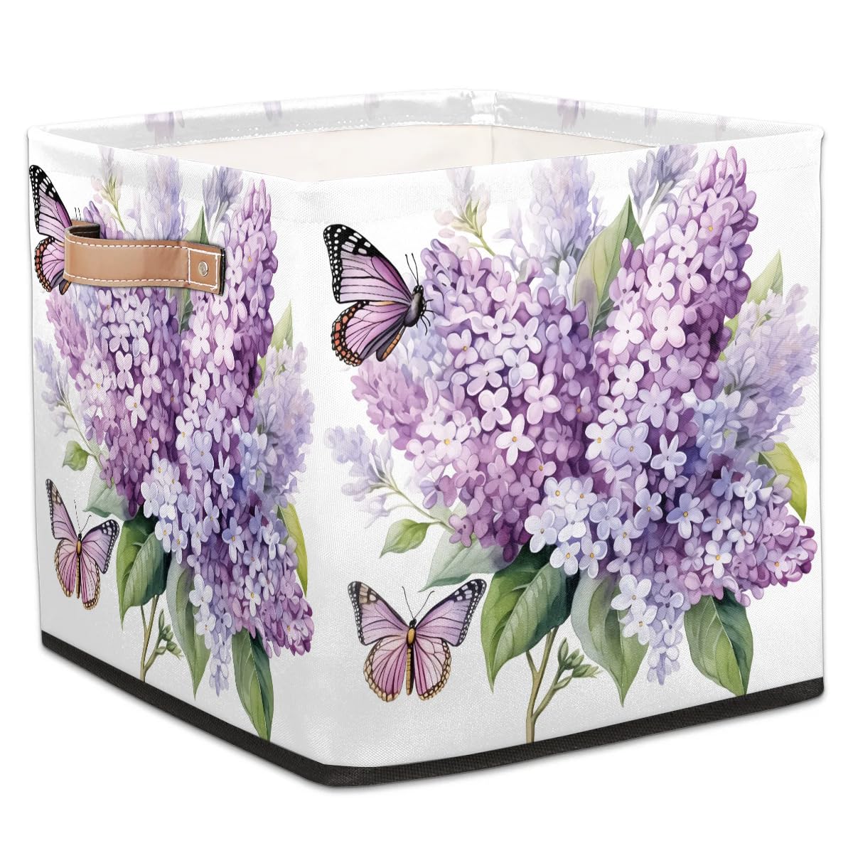 TULIMET Purple Hydrangea Butterfly 13 In Cube Storage Bin Fabric Storage Cubes Organizer with Handles, Foldable Decorative Cube Basket for Organizing, Clothes, Closet, Shelves