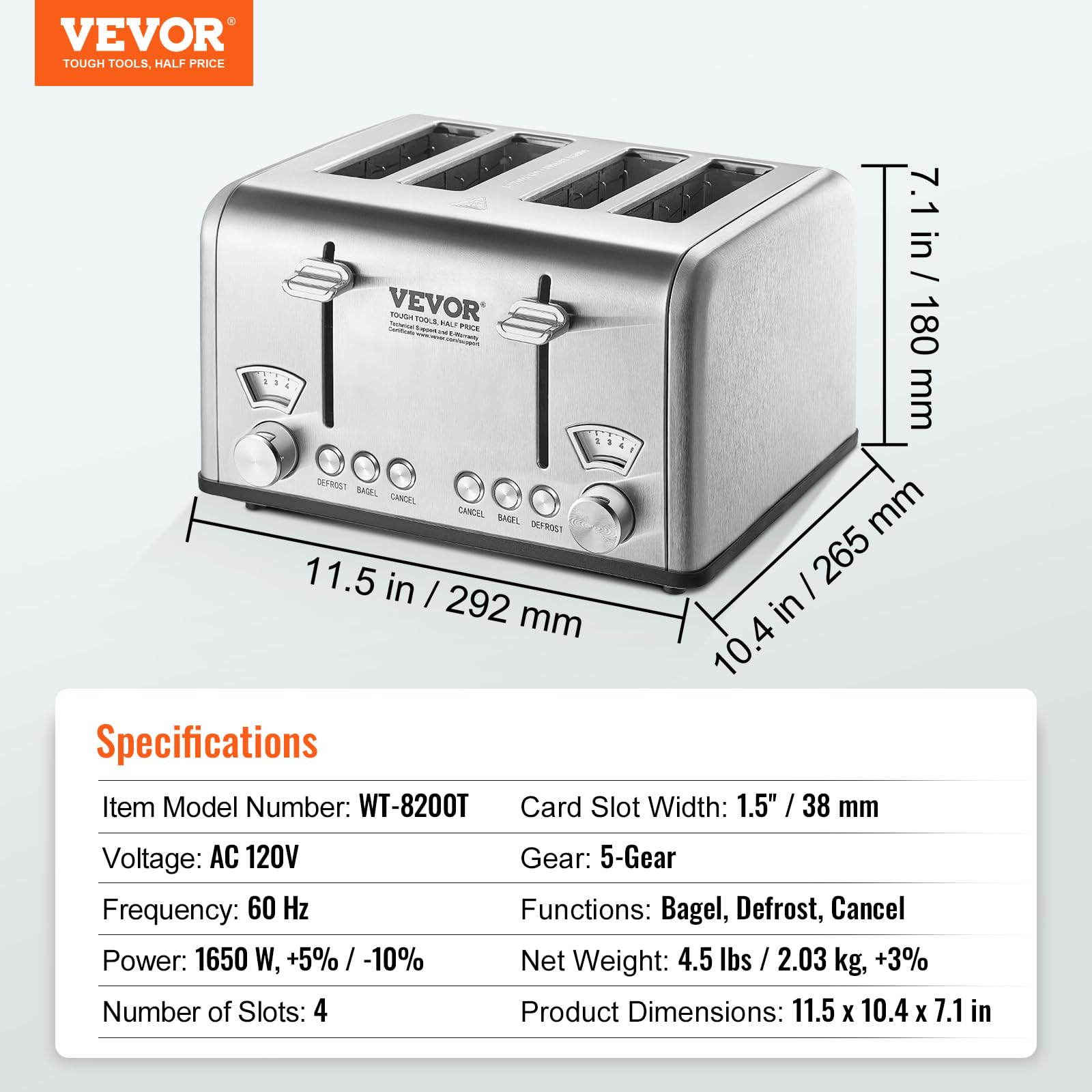 VEVOR Retro Stainless Steel Toaster, 4 Slice, 1625W 1.5'' Extra Wide Slots Toaster with Removable Crumb Tray 6 Browning Level, Reheat Cancel Defrost and Bagel Functions for Toasting Bread Bagel Waffle