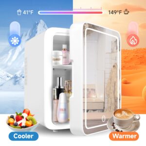 Juturnas Mini Makeup Fridge,Skincare Fridge with Cooler or Warmer,AC/DC Powered,with LED Light Mirror,Portable Small Refrigerator for Cosmetics,White