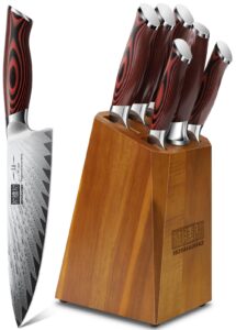 kitchen knife set with block, 7 pieces chef knife set 67 layers damascus steel professional knife set for cooking, ergonomic g10 handles with sharpener