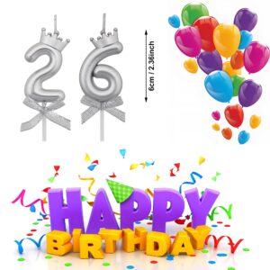 VSHILI 26 62 Birthday Candles, 26th 62nd Cake Candles, Silver Happy Birthday Number 26 62 Candles Cake Topper Decorations for Party Men Women