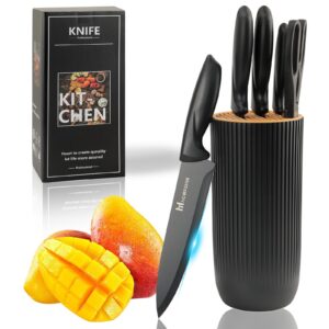 howashin knife set, 6-piece black professional stainless steel knives set for kitchen with universal knife block - non-stick sharp blade chef knife set with cylindrical knife block for gift.