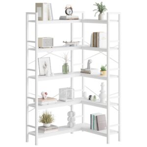 lazyvan white corner bookshelf,5 tiers corner shelf with open storage,l shaped shelves for home office,living room,bedroom