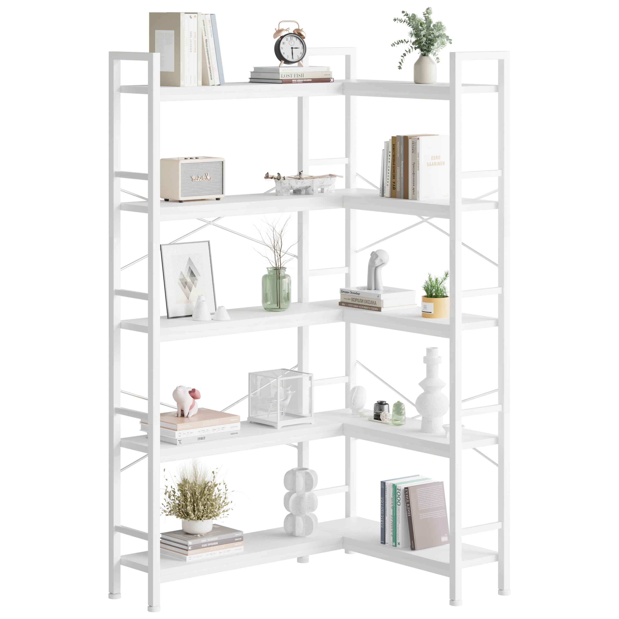 Lazyvan White Corner Bookshelf,5 Tiers Corner Shelf with Open Storage,L Shaped Shelves for Home Office,Living Room,Bedroom