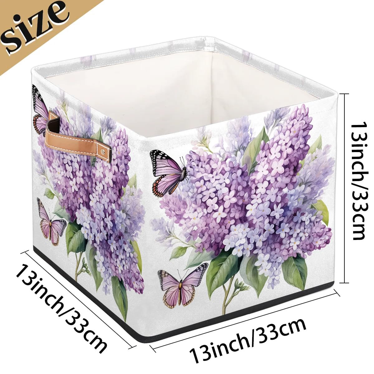 TULIMET Purple Hydrangea Butterfly 13 In Cube Storage Bin Fabric Storage Cubes Organizer with Handles, Foldable Decorative Cube Basket for Organizing, Clothes, Closet, Shelves