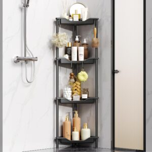 mystozer standing shower caddy 4 tier floor standing corner shower caddy organizer, plastic metal splicing floor corner shelf rack storage stands for bathroom,10.8 x 10.8 x 44.6 inches, black