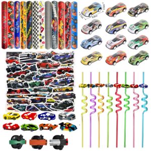 108pcs race car party favors car themed birthday party goodie bags stuffers with party straw, bubble slap bracelet,race cars,diy car stickers,pencil caps suitable race car party