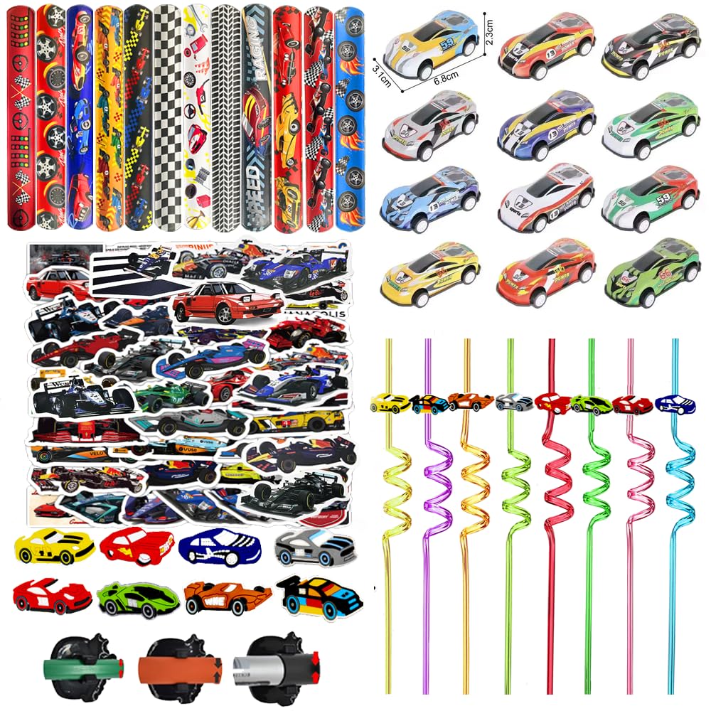 108PCS Race Car Party Favors Car Themed Birthday Party Goodie Bags Stuffers with Party Straw, Bubble Slap Bracelet,Race Cars,DIY Car Stickers,Pencil Caps Suitable Race Car Party