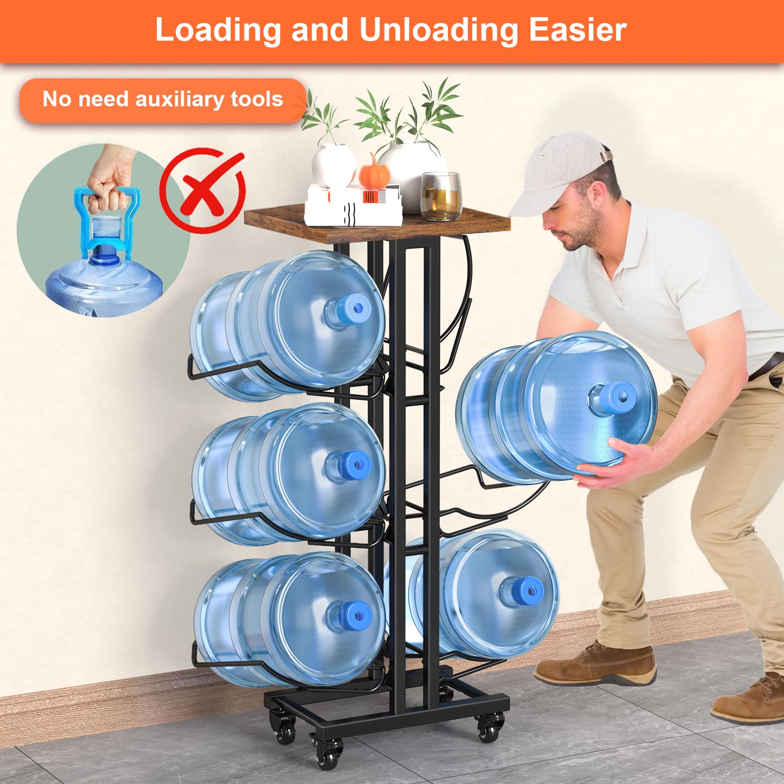 5 Gallon Water Jug Holder,3 Tier Foldable Heavy Duty Water Jug Stand Water Bottle Holder Organizer with Lockable Casters Water Dispenser Stand Rack with Removable Wood Top Shelf for 6 Bottles