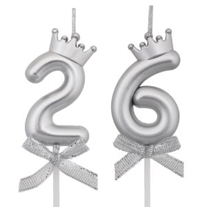 vshili 26 62 birthday candles, 26th 62nd cake candles, silver happy birthday number 26 62 candles cake topper decorations for party men women