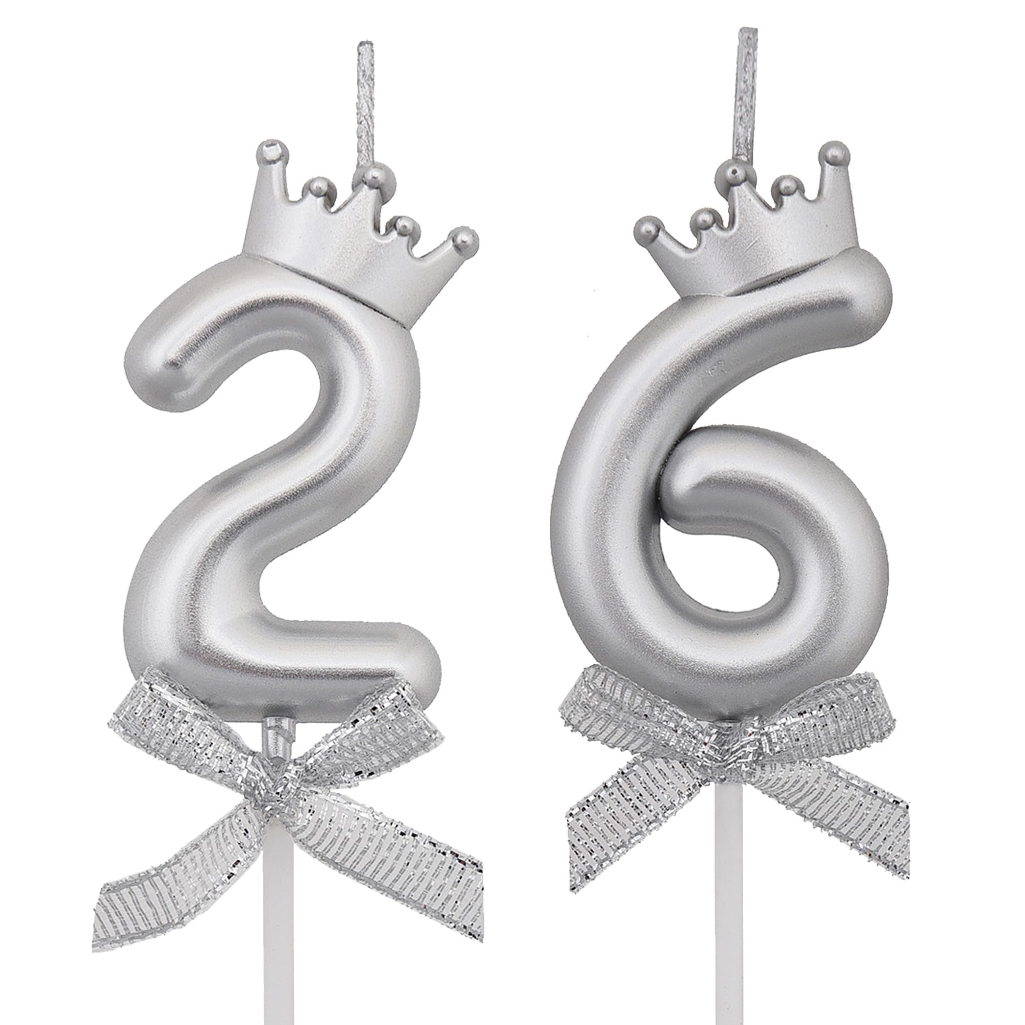 VSHILI 26 62 Birthday Candles, 26th 62nd Cake Candles, Silver Happy Birthday Number 26 62 Candles Cake Topper Decorations for Party Men Women