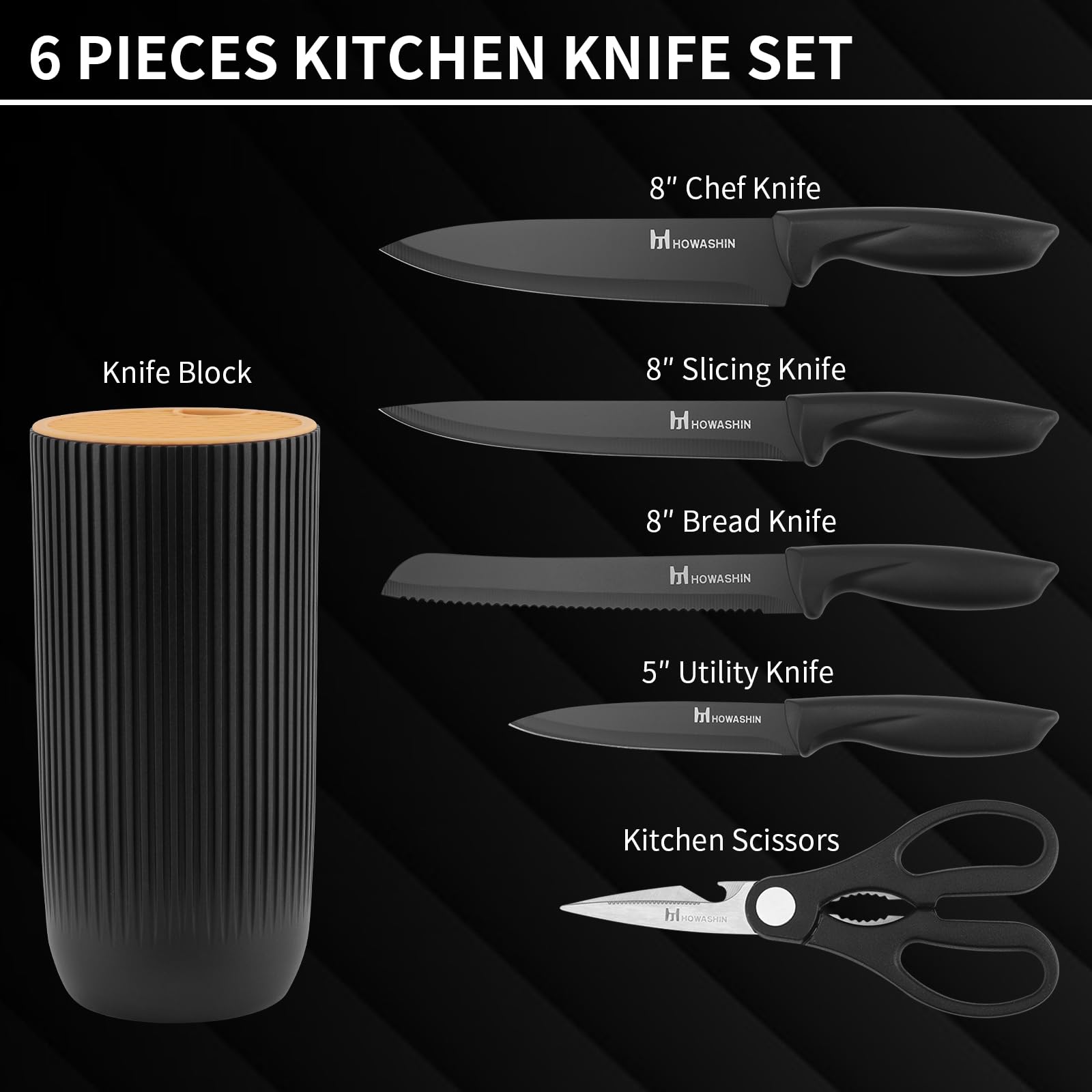 Howashin Knife Set, 6-Piece Black Professional Stainless Steel Knives Set for kitchen with Universal Knife Block - Non-Stick Sharp Blade Chef Knife Set with Cylindrical Knife Block for Gift.