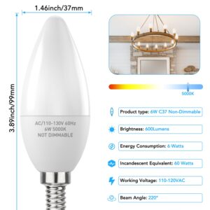 PARTPHONER E12 LED Light Bulbs B11 Candelabra Bulbs 60W Equivalent, Non-Dimmable 6W LED Candle Chandelier Bulb 600 Lumen, 5000K Daylight White, Pack of 6