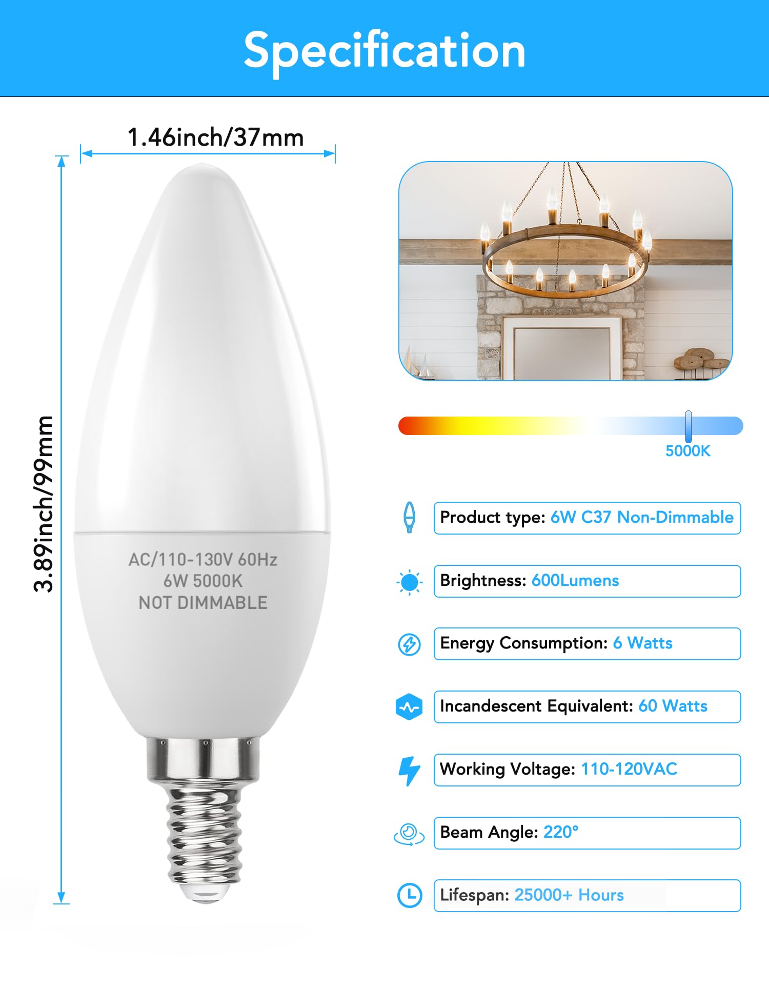 PARTPHONER E12 LED Light Bulbs B11 Candelabra Bulbs 60W Equivalent, Non-Dimmable 6W LED Candle Chandelier Bulb 600 Lumen, 5000K Daylight White, Pack of 6