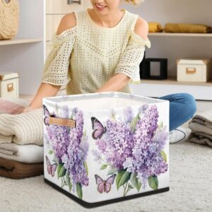 TULIMET Purple Hydrangea Butterfly 13 In Cube Storage Bin Fabric Storage Cubes Organizer with Handles, Foldable Decorative Cube Basket for Organizing, Clothes, Closet, Shelves