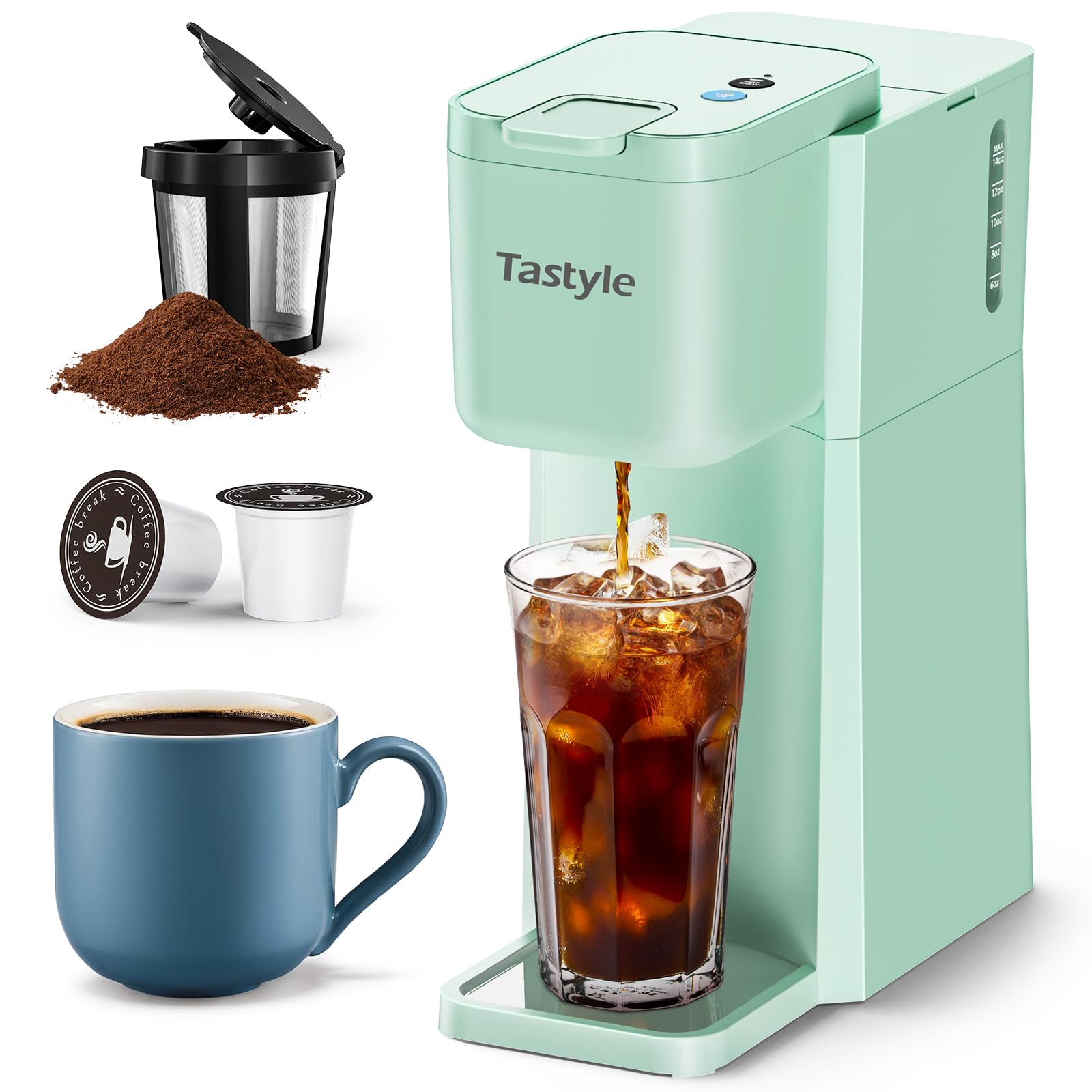 Tastyle Mini Single Cup Coffee Maker, Hot and Iced Coffee Maker for K Cup and Ground, 6 to14 Oz Brew Sizes, with Recipe Book, One Cup Small Pod Coffee Machine for Travel, RV, Dorm and Desk,Green