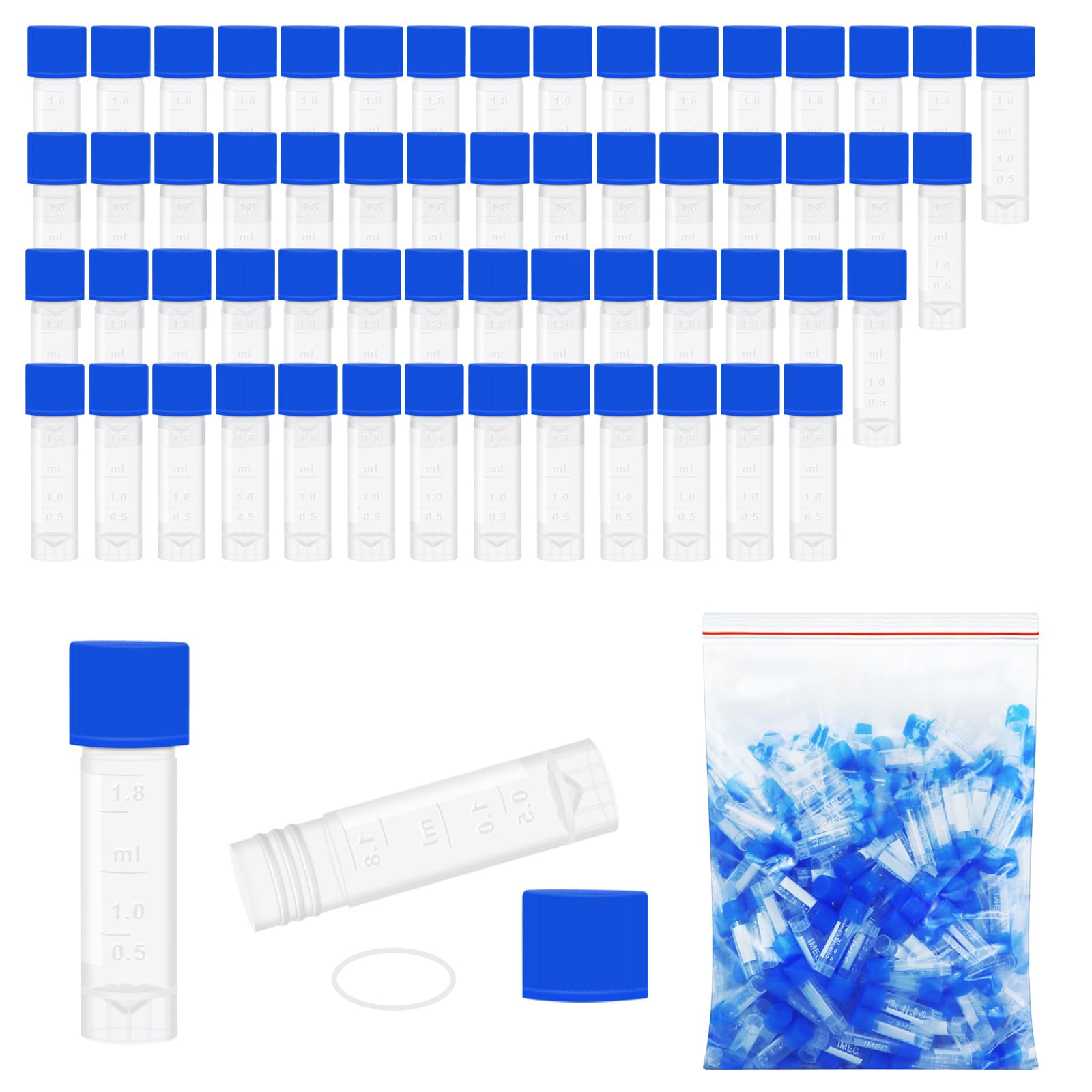 500pcs Sample Vials, 2ml Small Plastic vials w/Leak Proof Caps, Self-Stand Cryotubes Cryovial w/Scale & Writing Area, Cryogenic Vials for Low Temperature Storage