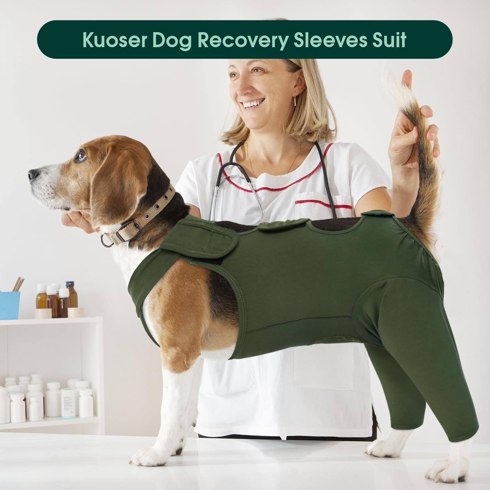 Kuoser Thigh Wound Protective Sleeve for Dogs, Dog Surgery Recovery Suit for Rear Legs, Dog Recovery Sleeve for Female Male Dogs, Dog Onesie After Surgery Pet Surgical Suit for Spay Neuter, Green XL