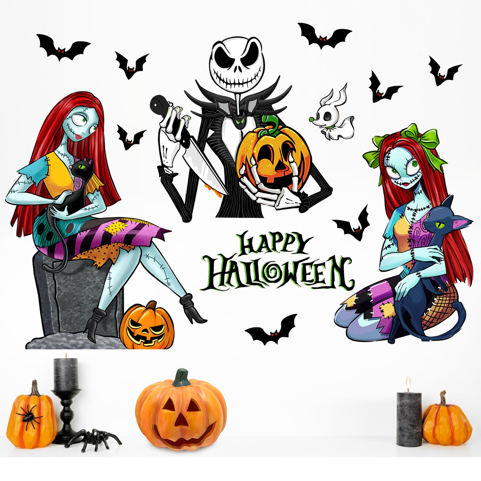 Mfault Happy Halloween Jack Skellington Wall Decals Stickers, Sally Jack O Lantern Pumpkin Decorations Bedroom Art, Funny Black Cat Bat Home Kitchen Living Room Decor