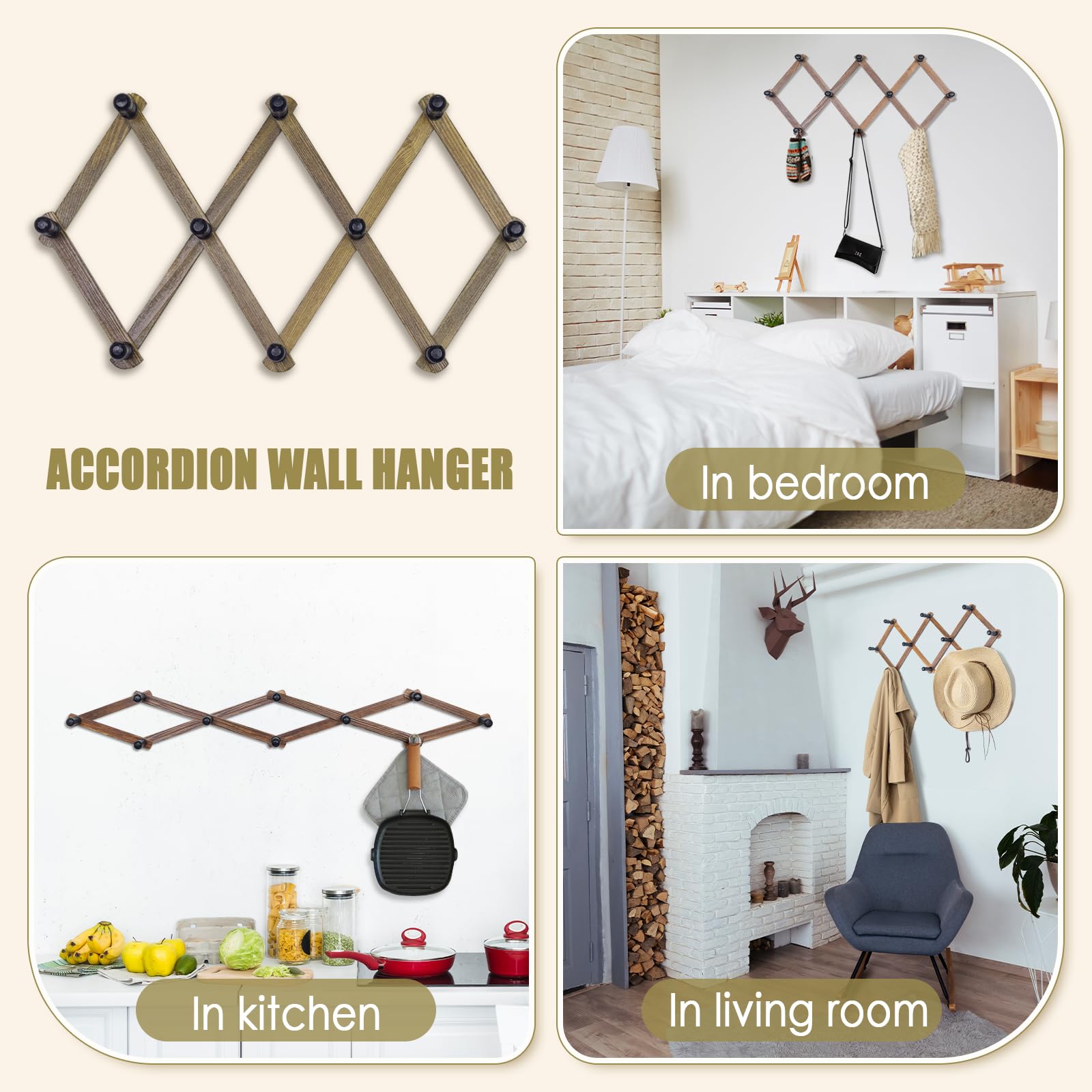 Wooden Expandable Accordion Wall Hanger,2 Pack Including 20 Peg Hooks,Perfectly Hook for Coats, Mugs,Coffee, Coat,Keys, Hat Rack,X Shap,Make Living Room Decorative and Neat,Rustic Style (Brown)