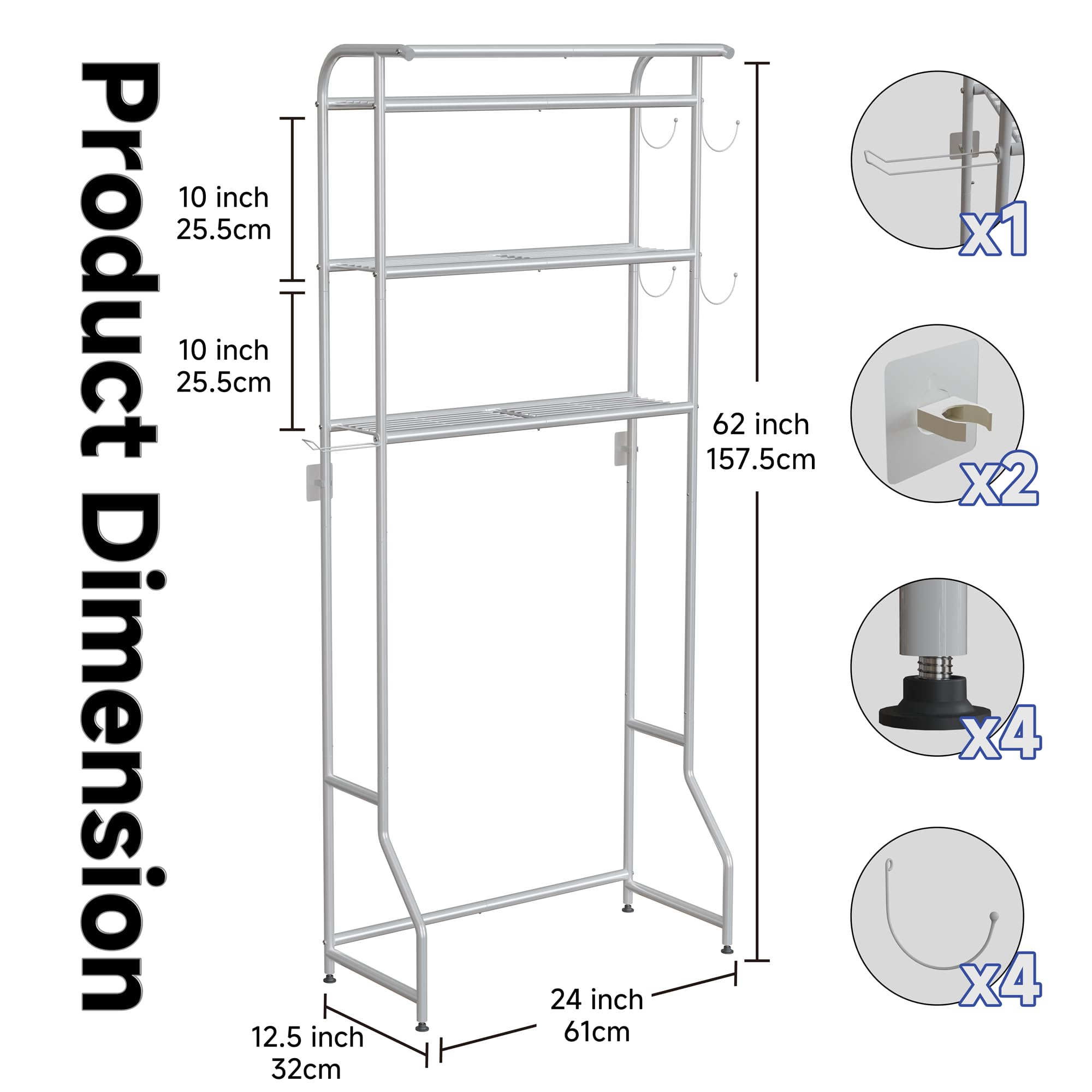 RightTech Over The Toilet Storage Rack with Toilet Paper Holder, Heavy Duty Metal 3 Tier Wall linkable Bathroom Organizer Shelf with 4 Hooks, White