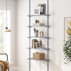 ALLZONE 5-Tier Narrow Bookshelf, Adjustable Width and Height, Tall Ladder Book Shelf with Open Storage,Floor to Ceiling Tension Mount Industrial Bookcase for Living Room,64 to 113Inch Height,Dark Grey