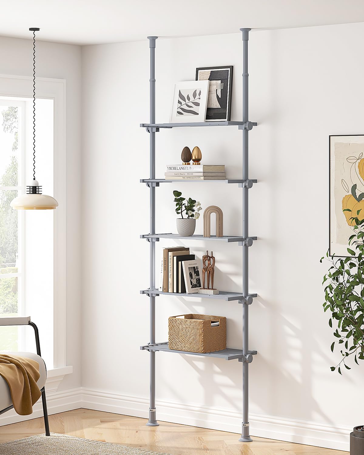 ALLZONE 5-Tier Narrow Bookshelf, Adjustable Width and Height, Tall Ladder Book Shelf with Open Storage,Floor to Ceiling Tension Mount Industrial Bookcase for Living Room,64 to 113Inch Height,Dark Grey