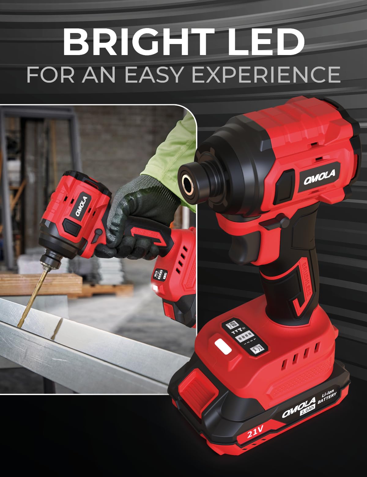 Impact Driver，2500 In-lbs，1/4" Hex Chuck，High Torque 3200 RPM,Impact Drill With A 15C 21V 2.0Ah Li-Ion Battery,Fast Charger，Brushless Motor，Suitable for Domestic And Construction Site Work