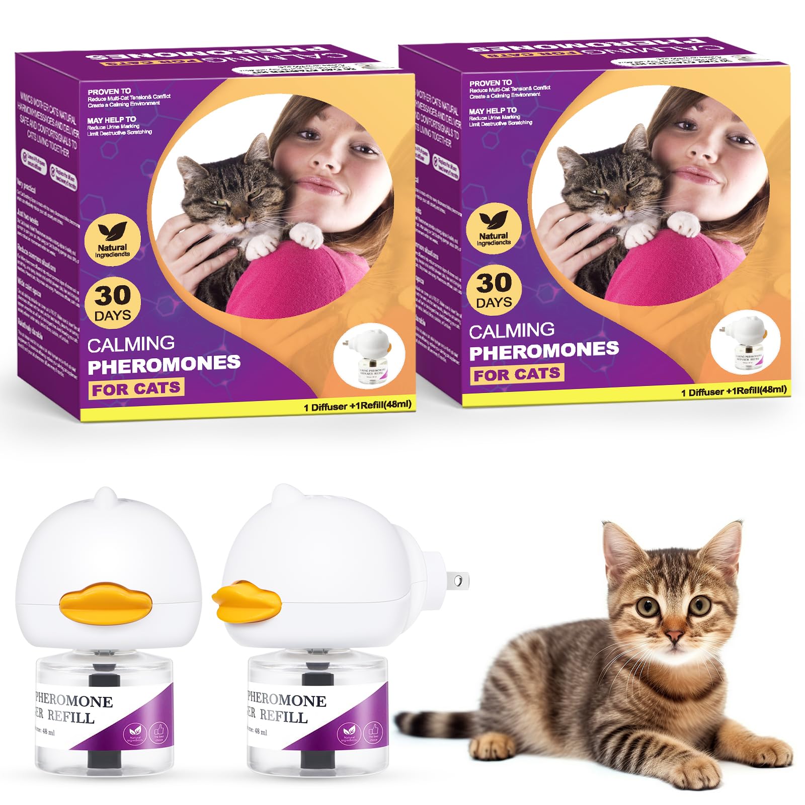 G · PEH Cat Pheromones Calming Diffuser, 2 Pack Premium Pheromone Diffuser for Cats, Cat Calming Diffuser with 2 Diffuser + 2 Refill 48ml Vial Relieve Anxiety Stress for Cats Calm for 60 Days