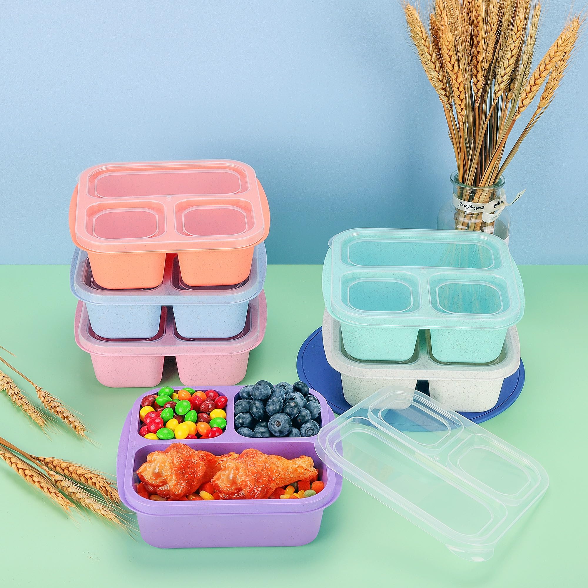 TOUWMX Bento Box For Kids - 6 Pack 3 Compartments Meal Prep Containers Reusable Wheat Straw Lunchable Containers, Snack Containers Snack Box For Adults, Bento Box Kids Lunch Box