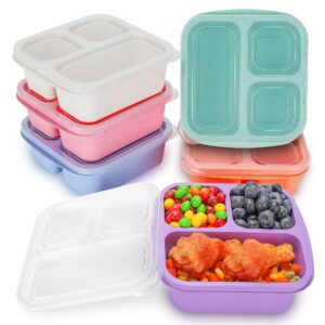 touwmx bento box for kids - 6 pack 3 compartments meal prep containers reusable wheat straw lunchable containers, snack containers snack box for adults, bento box kids lunch box