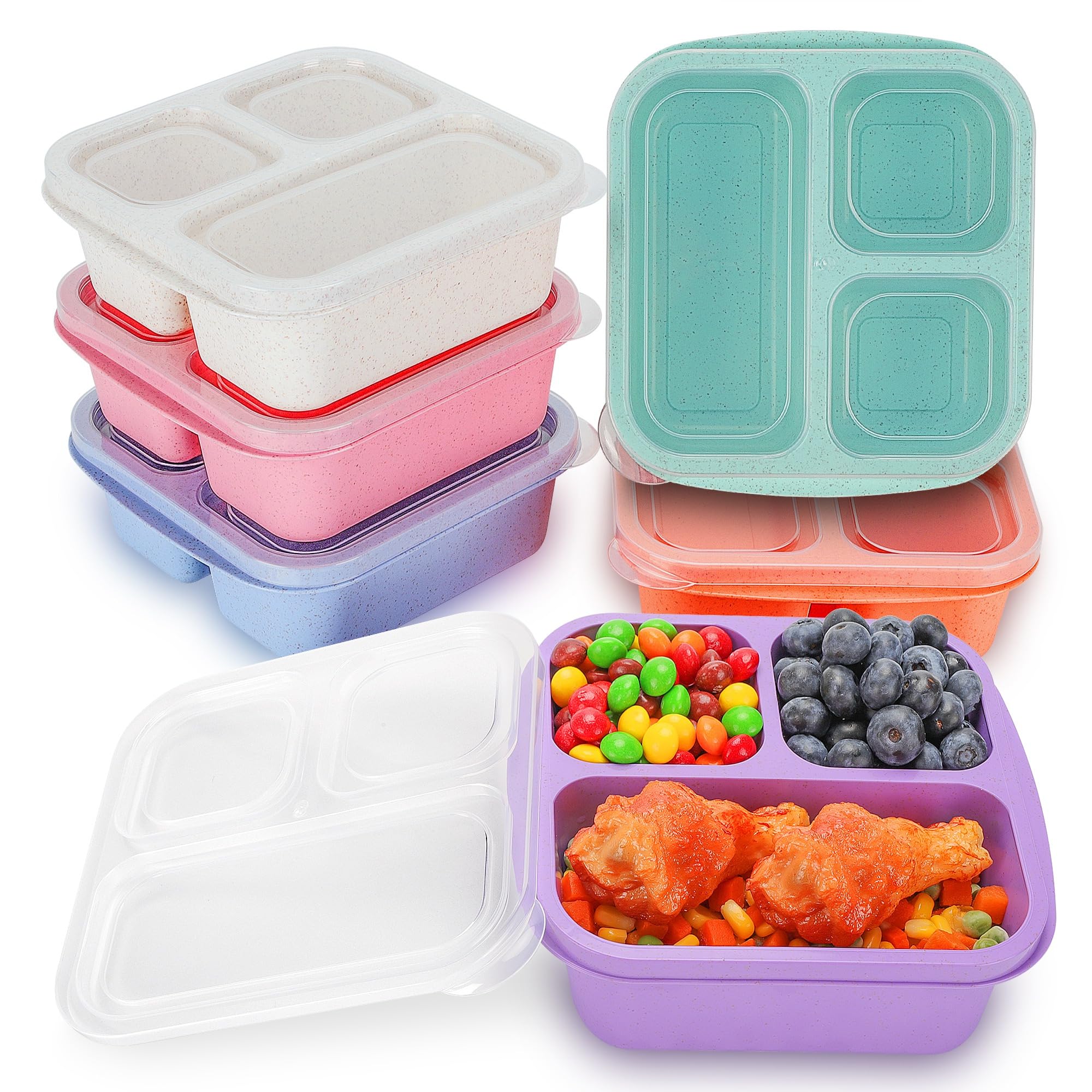 TOUWMX Bento Box For Kids - 6 Pack 3 Compartments Meal Prep Containers Reusable Wheat Straw Lunchable Containers, Snack Containers Snack Box For Adults, Bento Box Kids Lunch Box