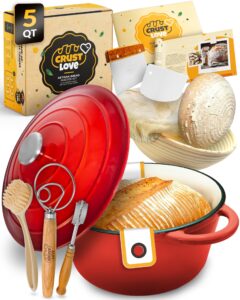 crustlove dutch oven for bread baking - incl. sourdough bread baking supplies like banneton bread proofing basket - 5qt enameled cast iron bread oven with lid bread banking pan pot scoring tool lame