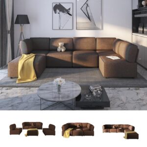 puremind modular sectional sofa with chaise, convertible oversize l shaped couch with reversible ottoman, linen 6 seater free combination u shaped sleeper sofa for living room, brown